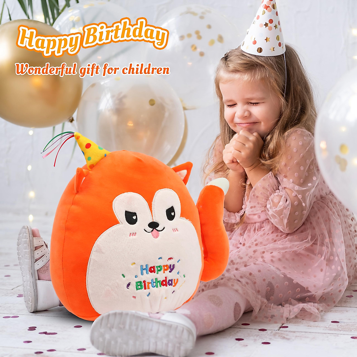 Easfan 12’’ Birthday Fox Plush Pillow Soft Fox Plush Toy Cute Fox Stuffed Animal Home Room Decoration Birthday Gifts for Kids Adults, Orange