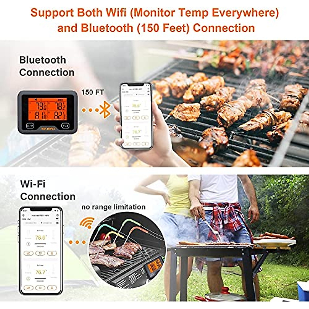 Inkbird Wi-Fi/Bluetooth Meat Thermometer IBBQ-4BW & Instant Read Thermometer IHT-1P, Digital Wireless WIFI Thermometer for Smoker Oven, Large LCD Backlight, Timer High/Low Alarm, 4 Probes Rechargeable