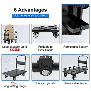 Electric Push Cart Dolly, Moving Platform Hand Truck, 1322 lb Weight Capacity, 20KM Range, Foldable, 360 Degree Swivel Wheels, Black (with Fence, 35.4 * 23.6inch)