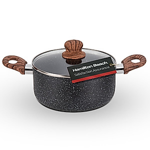 Hamilton Beach 3 Quart Nonstick Marble Coating Even Heating Round Dutch Oven Pot with Glass Lid and Wooden Like Soft Touch Handle, Dutch Oven Pot, Braising, Roasting