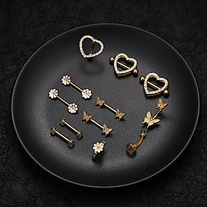 ORAZIO 14G Nipple Rings for Women Surgical Steel Belly Button Ring Butterfly Daisy Flower Nipple Barbells CZ Heart Curved Navel Rings 12 PCS Nipple Piercings Jewelry Set-GOLD
