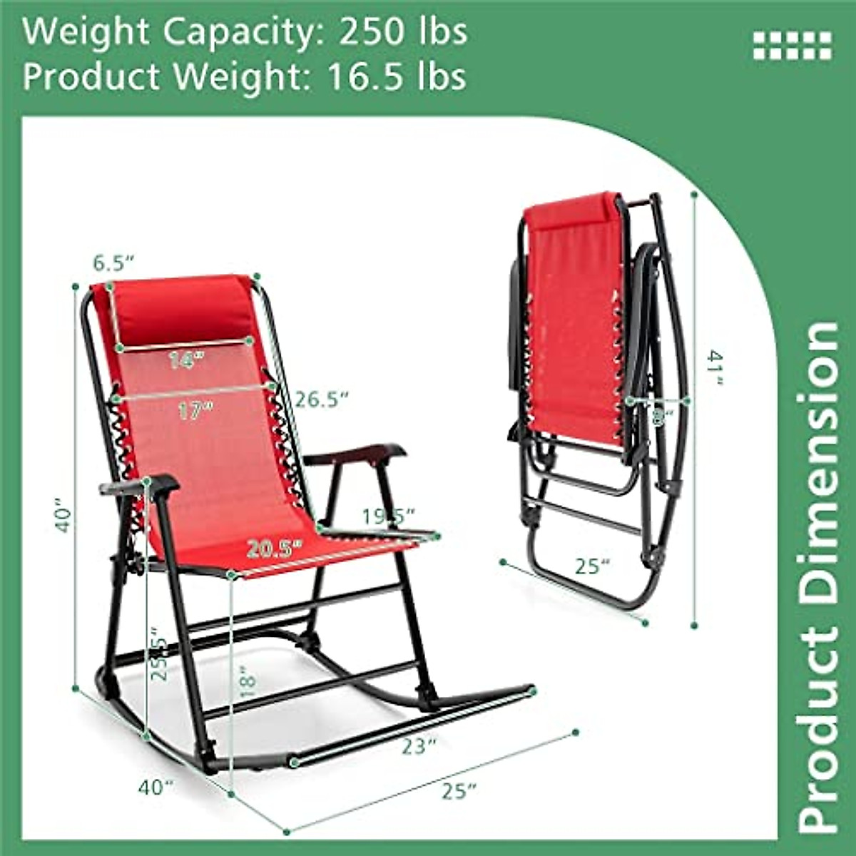PDGJG Patio Camping Rocking Chair Folding Rocking Chair Footrest Lightweight Outdoor Red