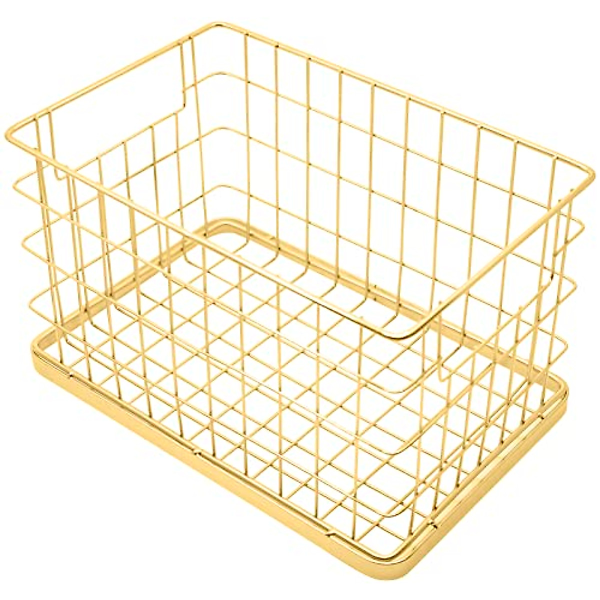 Set of 2 Stackable 10" Metal Wire Storage Basket Bins With Handles (Gold Wide Mesh Base)