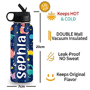 FunStudio Personalized Dinosaur Water Bottles for Boys, 18 oz Custom Name Insulated Dino Water Bottle With Straw, Stainless Steel Reusable Waterbottle Gifts for Kids School Girls Men Women - Dinosaur