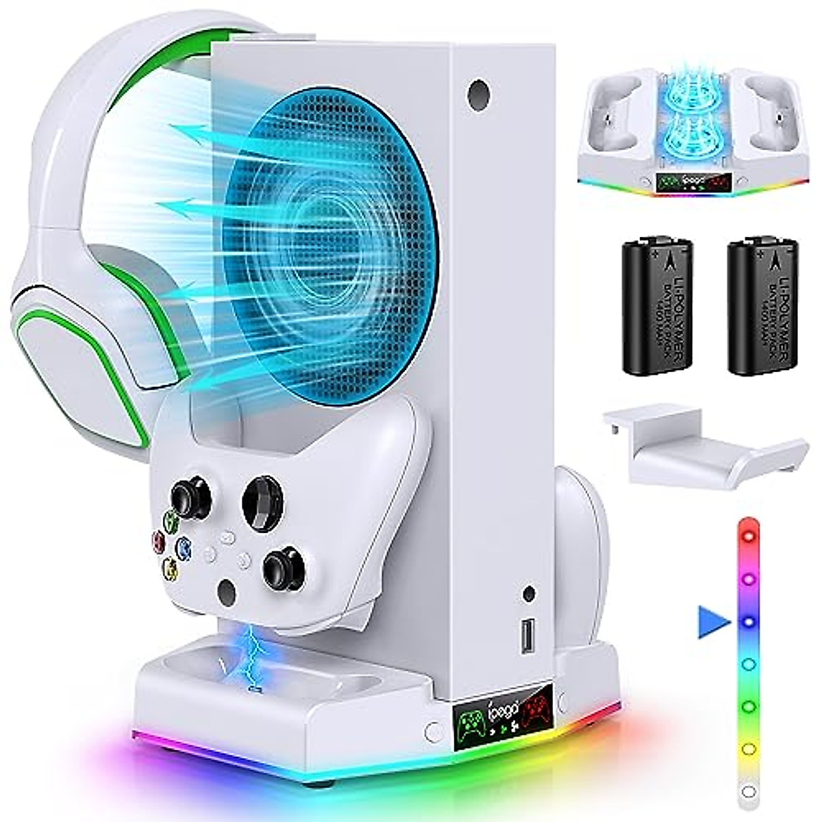 Cooling Stand & Charging Station for Xbox Series S with RGB Light Strip,Dual Charger of Controllers and Cooler Fan for XSS Console Accessories with 2*1400mAH Rechargeable Battery Pack,1*Headphone Hook