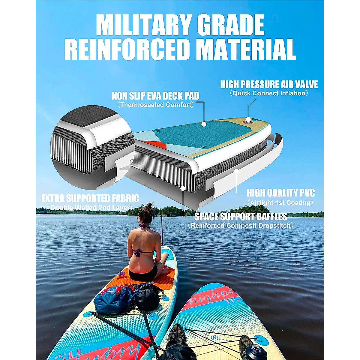 HIGHPI Inflatable Stand Up Paddle Board 11'x33''x6'' Premium SUP W Accessories & Backpack, Wide Stance, Surf Control, Non-Slip Deck, Leash, Paddle and Pump, Standing Boat for Youth & Adult