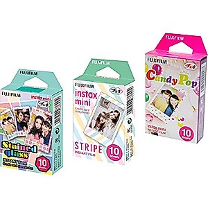 Fujifilm Instax Mini Instant Film 3 Pack Bundle (30 Sheets) with Stained Glass, Candy Pop & Stripe Instant Film