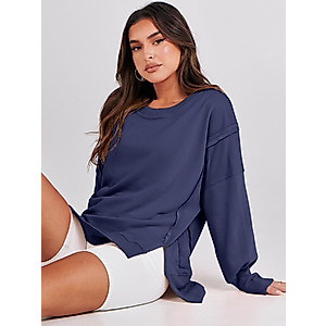 ANRABESS Women's Oversized Sweatshirts Crew Neck Long Sleeve Shirts Casual Loose Slit 2025 Fall Clothes Navy Blue S
