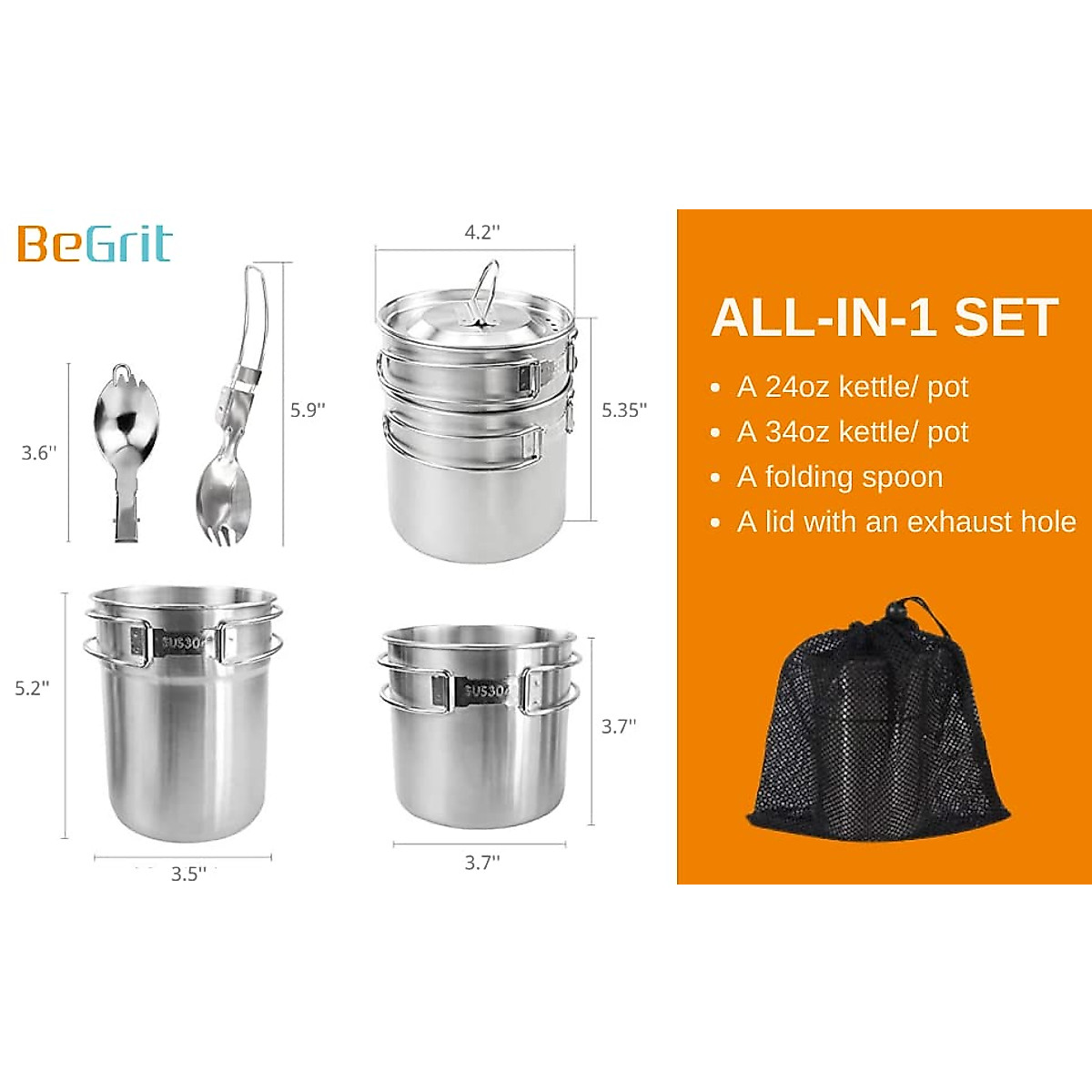 BeGrit Camping Pots Camping Cups and Mugs 304 Stainless Steel with Folding Spoon, Vented Lids