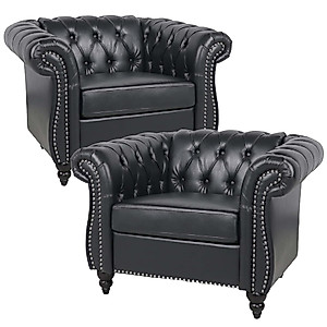 Wlvos Leather Chesterfield Chair Set of 2, Accent Single Sofa Chair Modern Leather Upholstered Chair with Tufted Back for Living Room Club (Black)