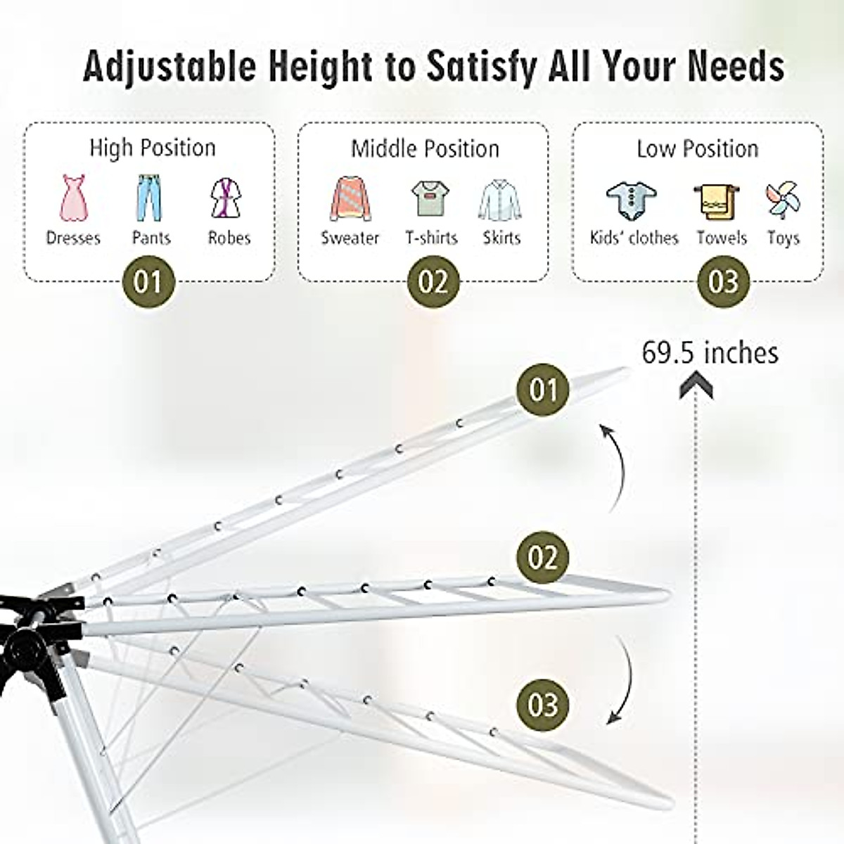 Nightcore 2-Layer Clothes Drying Rack, Aluminum Drying Rack with Adjustable Height, No Assembly Need, Compact Foldaway Gullwing Laundry Rack for Indoor Outdoor