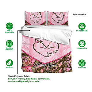 OhaPrints Personalized Hunting Duvet Cover, Deer Couple Heart Pink Camo Pattern Bedding Set & Pillowcases, Custom Name Soft Lightweight Twin Full Queen King Comforter Cover Bed Set