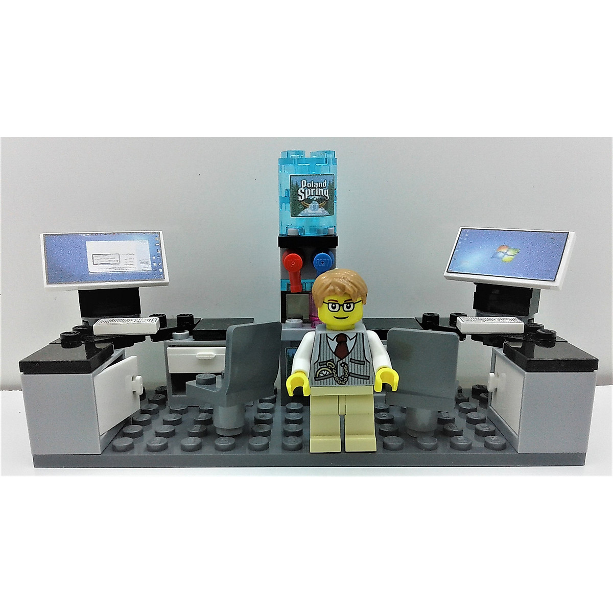 CUSTOM TOYS & HOBBIES INC Building Bricks Businessman Lawyer Full Office Setup 2 L Desks Keyboards Computers Water Cooler & Minifigure Miniature AFOL Holiday Birthday Gift for Kids