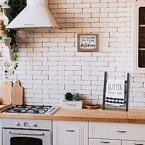 GenMous 3 Tiered Tea Towel Ladder with Cute Kitchen Sign for Farmhouse Kitchen Counter Decor, Rustic Torched Wood Hand Towel Stand, Hanging Bathroom Decorative Mini Ladder Kitchen Towel Rack Black