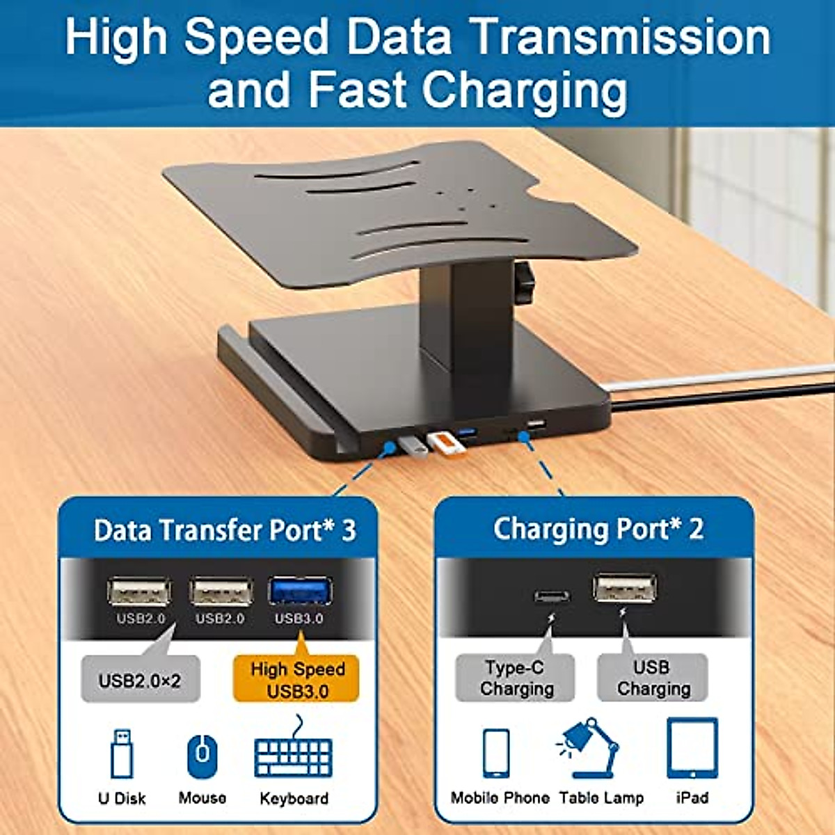 AQQEF Monitor Stand, Height Adjustable Computer Monitor Riser for Desk, Ergonomic Desktop Monitor Stand for Laptop, Computer, iMac (Metal -with USB HUB & Charger)