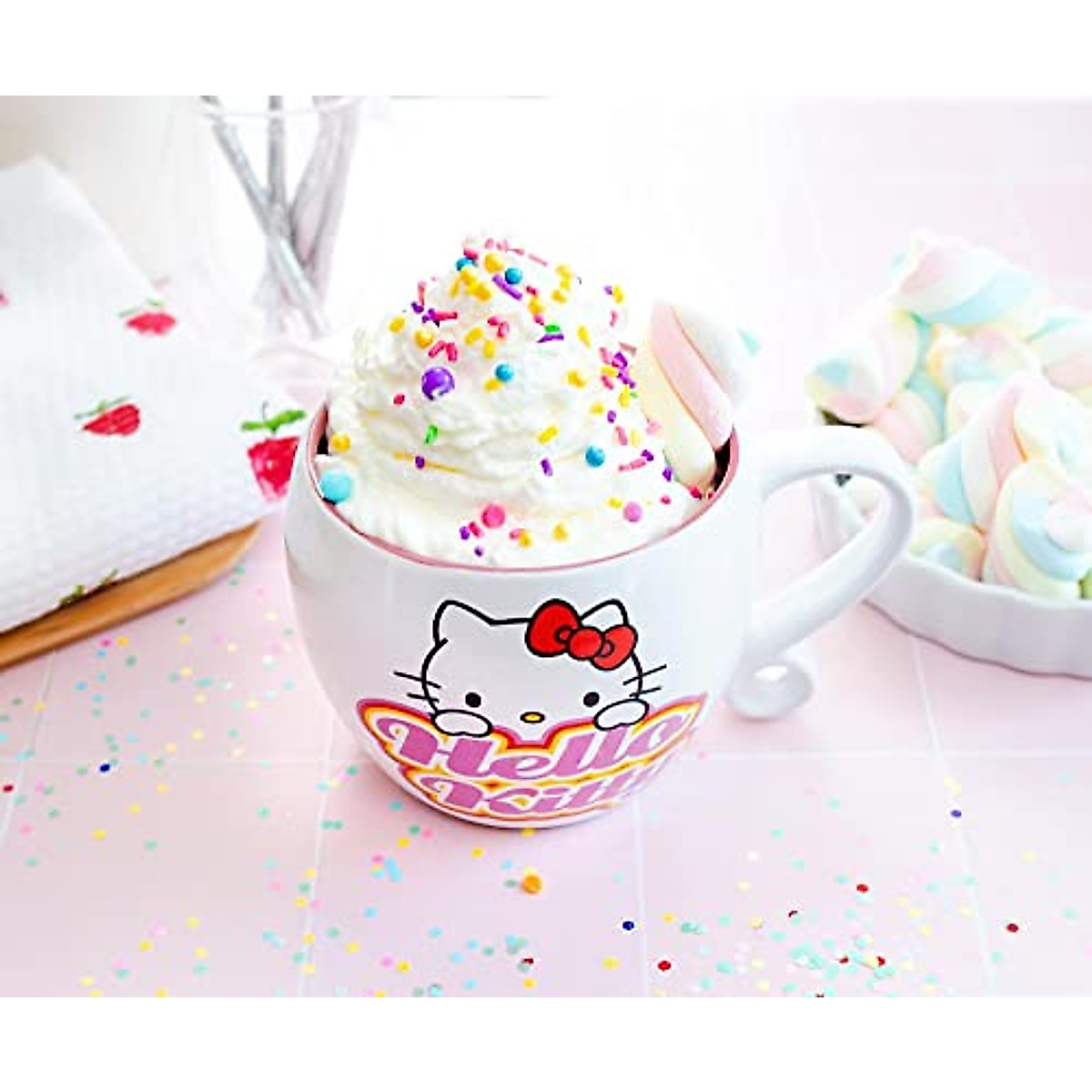 Sanrio Hello Kitty Hearts Ceramic Coffee Cup With Loop Handle | Mug For Tea, Espresso, Cocoa | Holds 16 Ounces