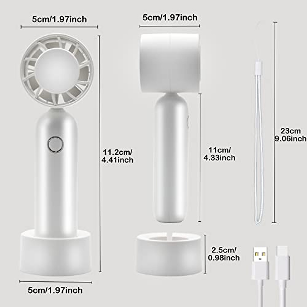 DOUBFIVSY Handheld Fan with Base, 5000mAh Portable Mini Fan USB Rechargeable Personal Fan 3 Adjustable Speed Desk Fan Hand Held Fan for Girls Women Men Indoor Outdoor Activities (White)