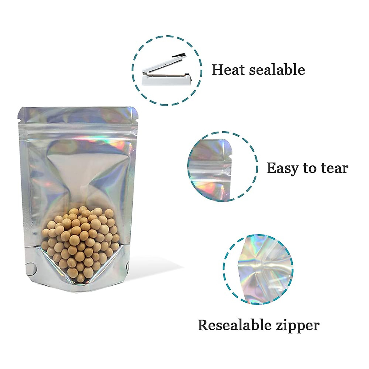 BAT Pack Resealable Stand Up Zipper Lock Bags Heat Seal Pouches Gusset Bottom Clear Foil Food Storage Packaging Bag (50, 3.3x5.1 inch)