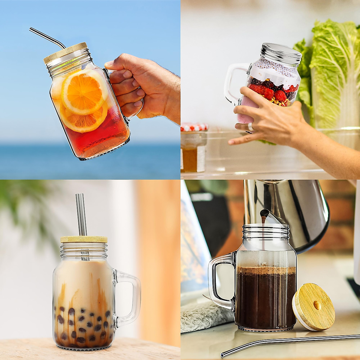 Sips Jar Club 20oz Mason Jar Mug Set of 4 with Handles, Lids, Straws & Cleaning Brush - Overnight Oats & Iced Coffee Cups