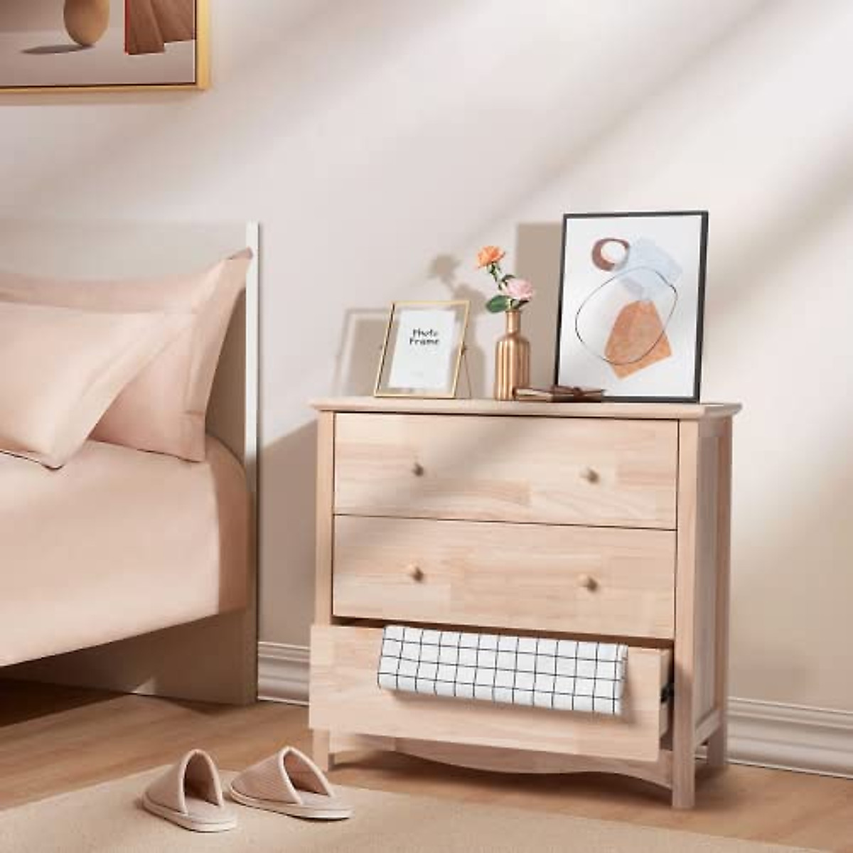 VINGLI Unfinished Natural Solid Wood 3 Drawer Dresser for Bedroom, Farmhouse Dressers & Chests of Drawers Color DIY Rubber Wood Dresser with Full Extension Drawer Slides & Wood Knobs Rustic Style