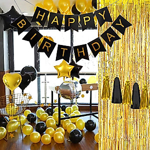 Amandir Birthday Decorations for Men Women, Black and Gold Balloons Party Decorations Happy Birthday Banner Tassels Metallic Fringe Curtains 30th 40th Birthday Graduation Decorations Supplies