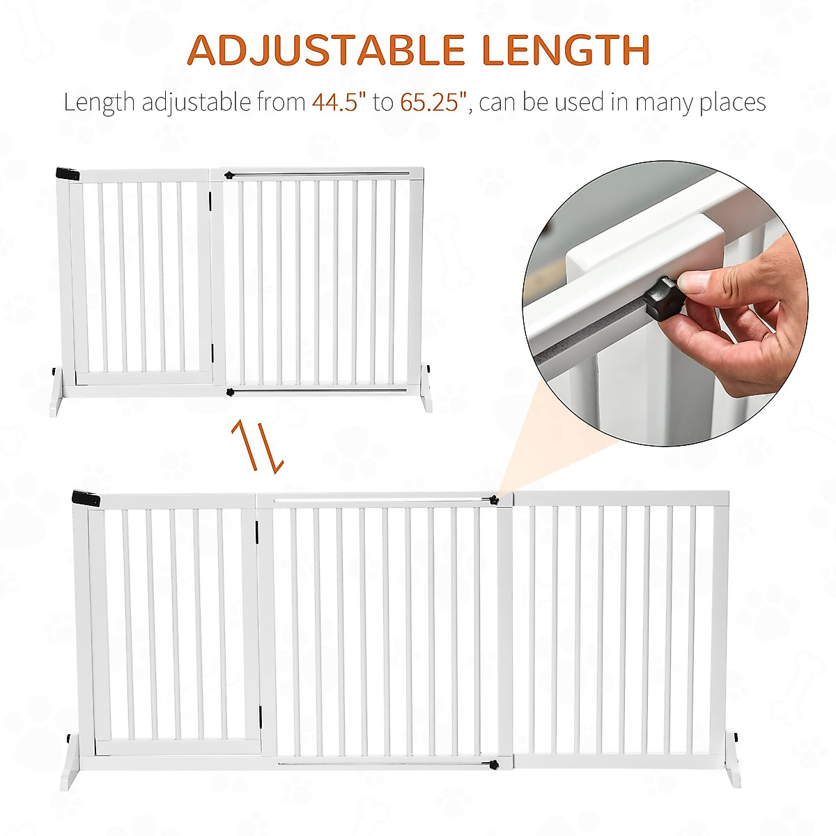 PawHut Adjustable Wooden Pet Gate, Freestanding Dog Fence for Doorway, Hall, 3 Panels w/Safety Barrier, Lockable Door, White, 44.5"-65.25" L x 14.25" H