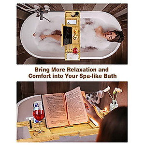 MoKo Foldable Bathtub Tray, Bamboo Bath Tray Expandable Bath Table Caddy for Luxury Bath to Hold Book, Phone Tablet, Wine Cup, Soap - Shower Gift for Women/Lovers