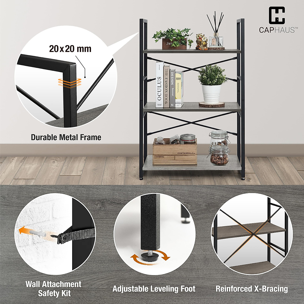 CAPHAUS 2 Tier Small Bookshelf, 24 Inch Width Free Standing Shelf, Bookcase Shelf Storage Organizer, Industrial Book Shelves for Home Office, Living Room, Dark Grey Shelves & Metal Frame