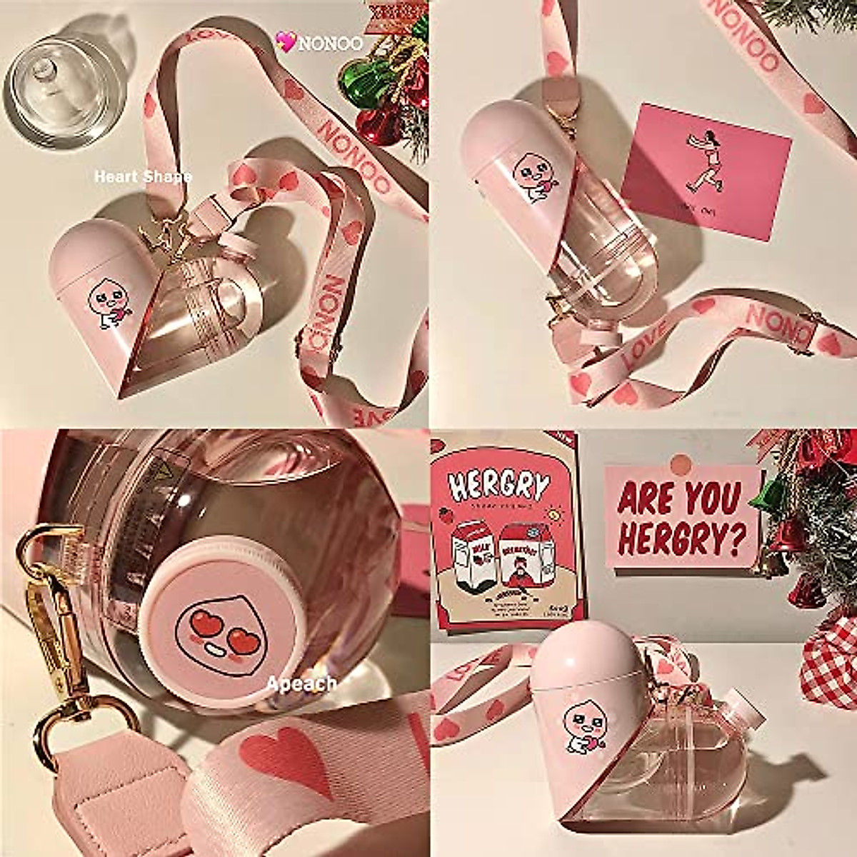 NONOO Kawaii Heart Shaped Water Bottle with Storage Cute Heart Water Bottle with Strap Chritmas Gifts for Women /Teen Girls / Sister (Pink)