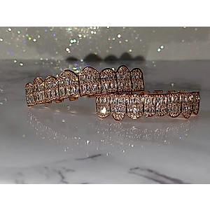 14k Rose Gold Baguette Joker Pink Grillz for Mouth Top Bottom Hip Hop Teeth Grills for Teeth Mouth Grillz for Mouth Top Bottom Hip Hop 8 Teeth Prong Set Cz Diamonds Grills for Tooth