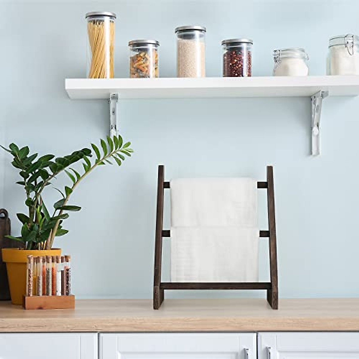 Towel Rack Wall Mounted 3 Tier Wood Hand Towel Holder Shelf Rustic Farmhouse Decorative Towel Ladder for Bathroom Home Kitchen Bedroom (Brown)