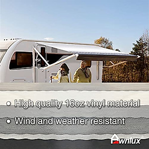 Awnlux White Motorized Modular Retractable RV Awning Full Set Assemblies for RV, 5th Wheel, Travel Trailers, Toy Haulers, and Motorhome - RV Trailer Awning for Home or Camper - 14x8 Ft - Blue Strip
