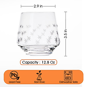 1917 Hand Blown Etched Stemless Wine Glasses set of 4-12.8oz, Wine Tumblers for Red and White Wine, Water Glasses, Drinking Glasses Gift Cup Sets