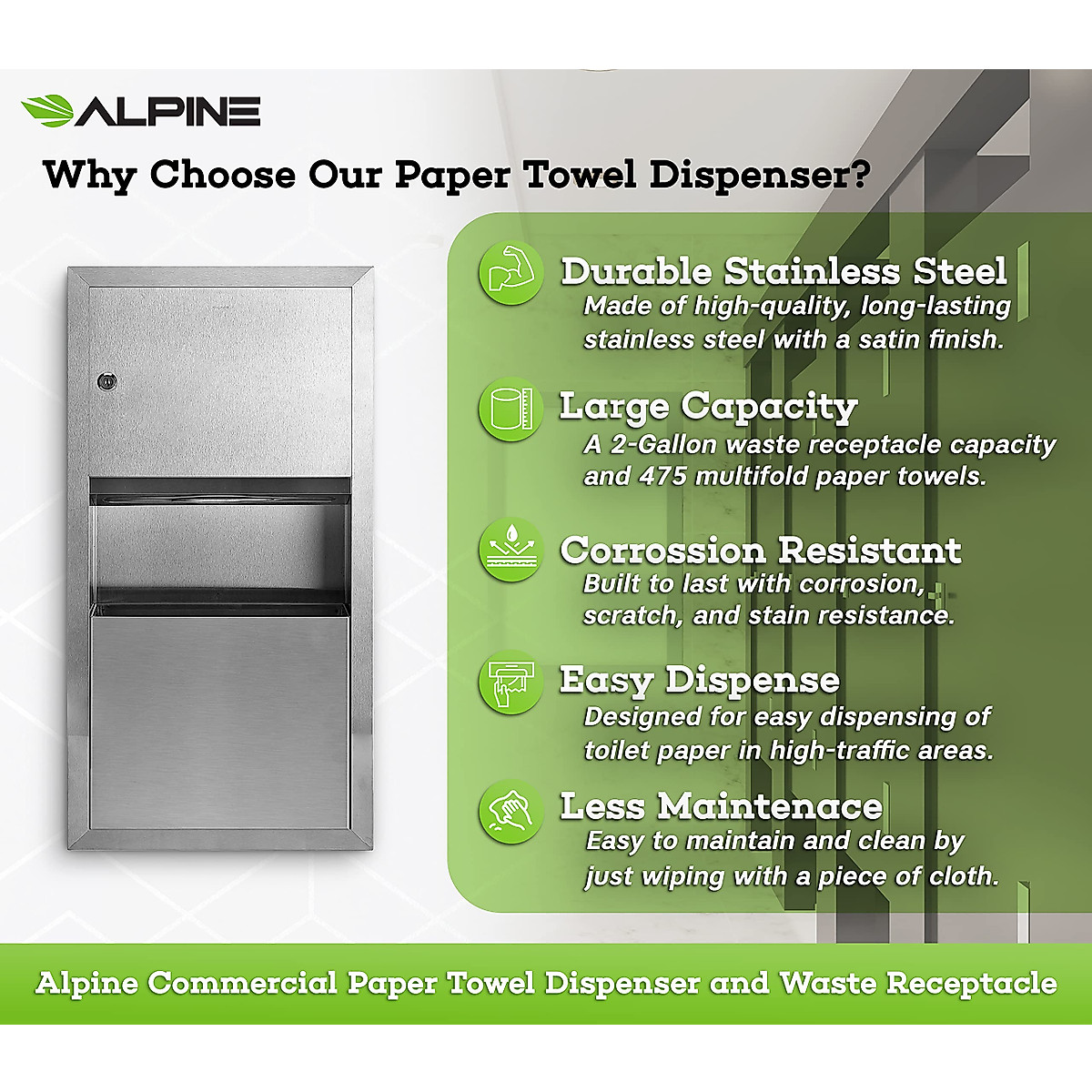 Alpine Commercial Paper Towel Dispenser and Waste Receptacle - Stainless Steel Toilet Paper Dispenser with Rounded Tray for 350 C-Fold or 475 Multifold Paper Towels (2-Gallon Capacity Trash Bin)