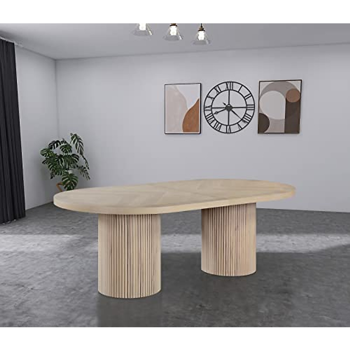 Meridian Furniture 725Oak-T Belinda Collection Mid-Century Modern Solid Wood White Oak Veneer Dining Table, Oval Design, Fluted Bases, 2 Leaves Included, 90"/106.5"/123" W x 47.5" D x 31" H, White