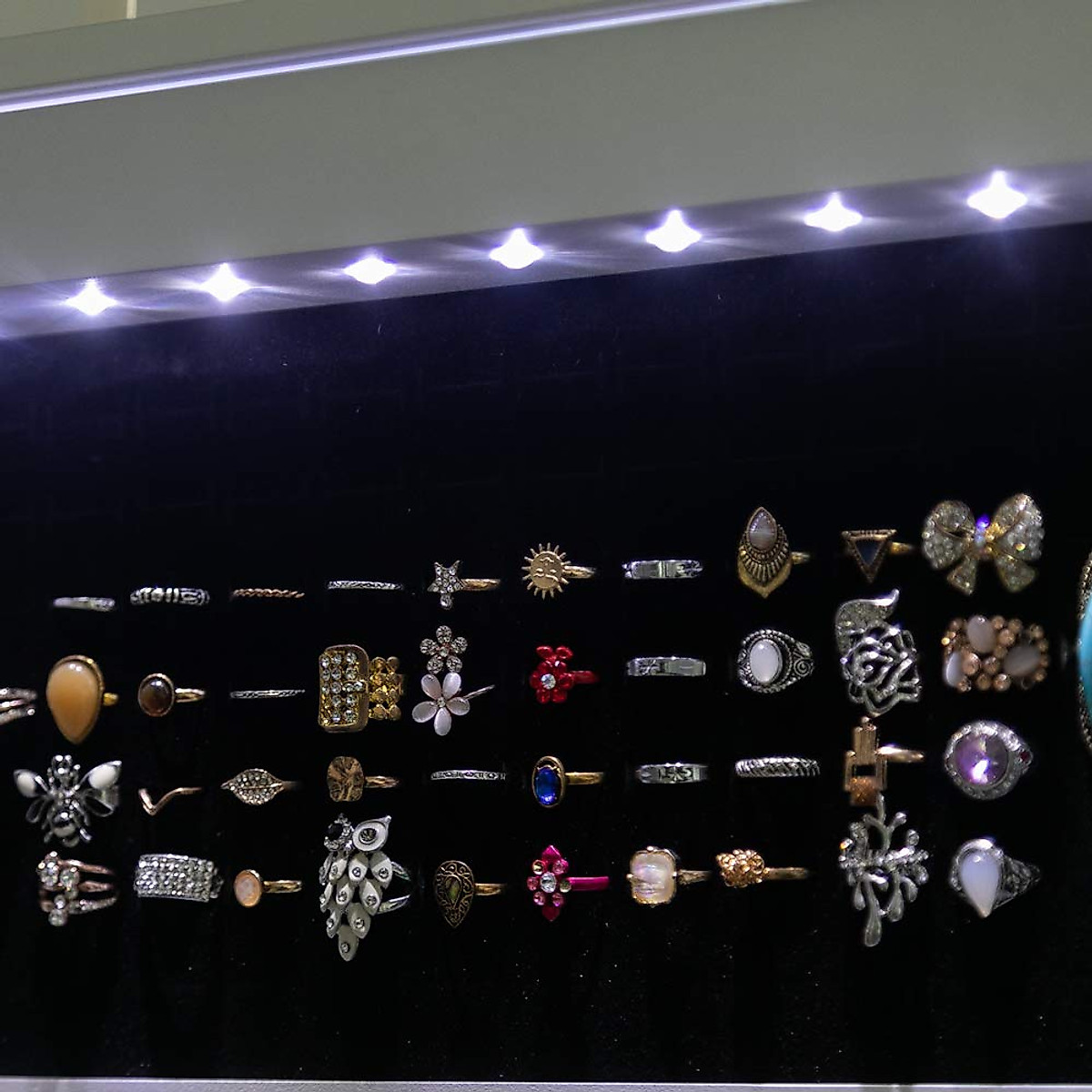 HOUAGI Modern White Jewelry Armoire with 5 LEDs, Mirror, 4 Drawers, Wall Mounted, Jewelry Organizer for Women, Wedding, Birthday, Earring Storage