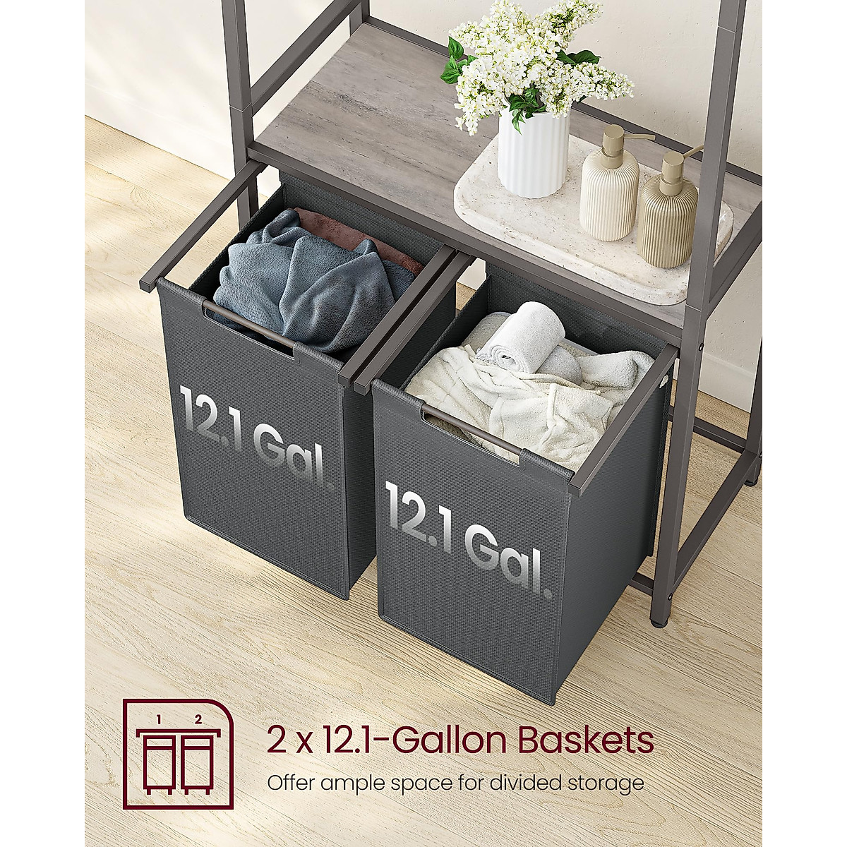 VASAGLE Laundry Basket, 2-Section Laundry Hamper with Pull-Out and Removable Liners, Clothes Rail, 2 x 12.1 Gallons, 28.7 x 13 x 69.7 Inches, Heather Greige and Slate Gray UBLH231G02