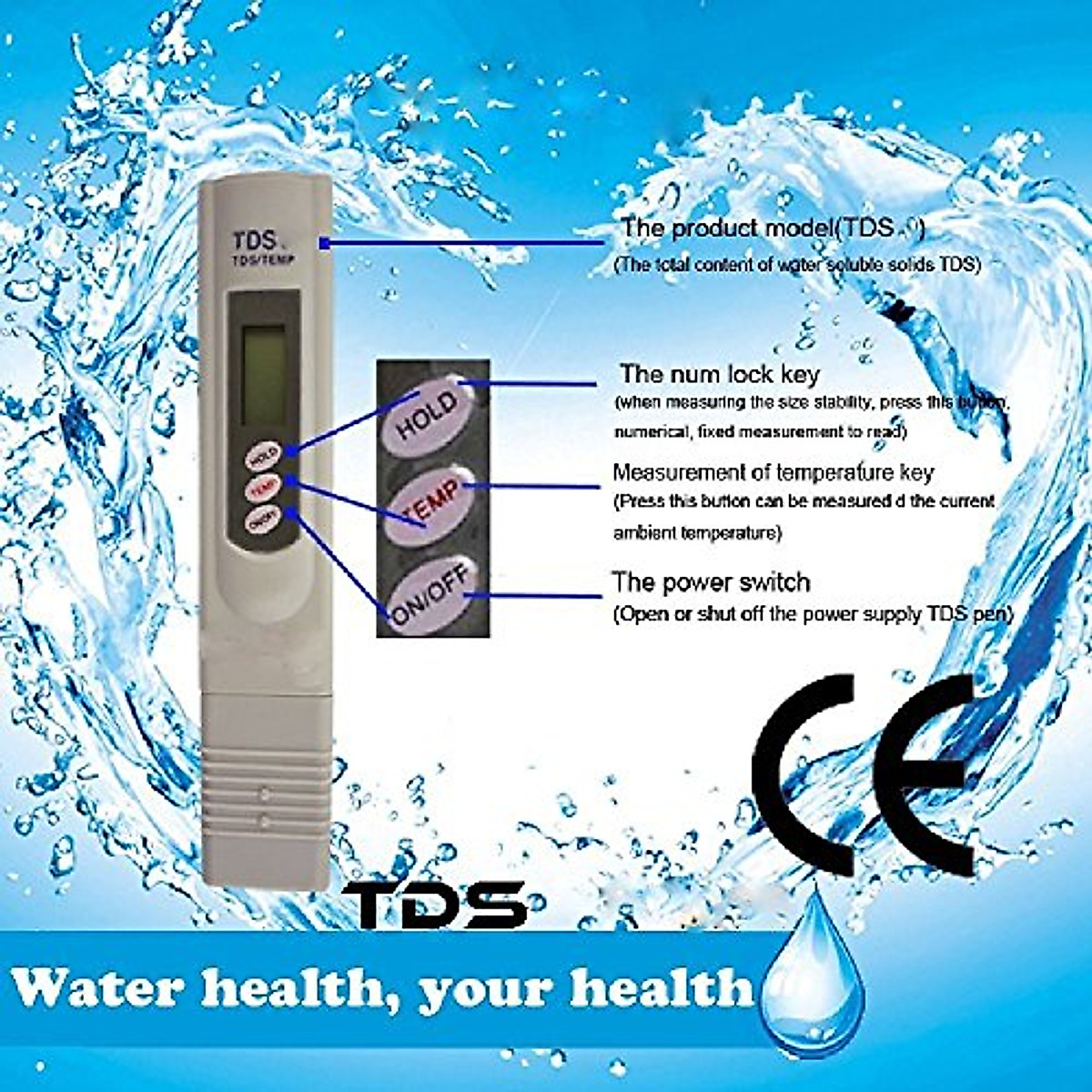 TDS meter digital water tester 3-Button Digital TDS Water Quality TDS Tester, 0-9990 ppm Measurement Range, 1 ppm Resolution, with Temperature Calibration