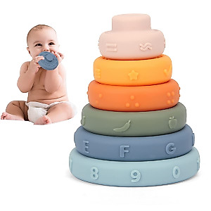 TuiVeSafu 6PCS Baby Stacking Nesting Rings Toy,Soft Building Circle Squeeze Teether,Toddlers Sensory Early Educational Toy with Number,Shape,Fruits,Letters Learning Toy for 6+ Months Boys or Girls
