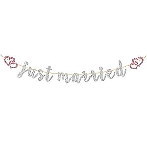 T-minimalist Just Married Banner, Wedding Party Bunting Decorations, Just Married Sign Banner for Bridal Shower / Wedding / Engagement Party Decoration, Silver, 6.8 Feet