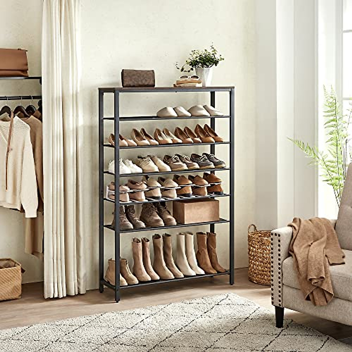 VASAGLE 8 Tier Shoe Rack, Shoe Organizer for Closet, Entryway, 32-40 Pairs of Shoes, Large Shoe Rack Organizer with 7 Metal Mesh Shelves, 11.8 x 39.4 x 59.8 Inches, Rustic Brown and Black ULBS012B01