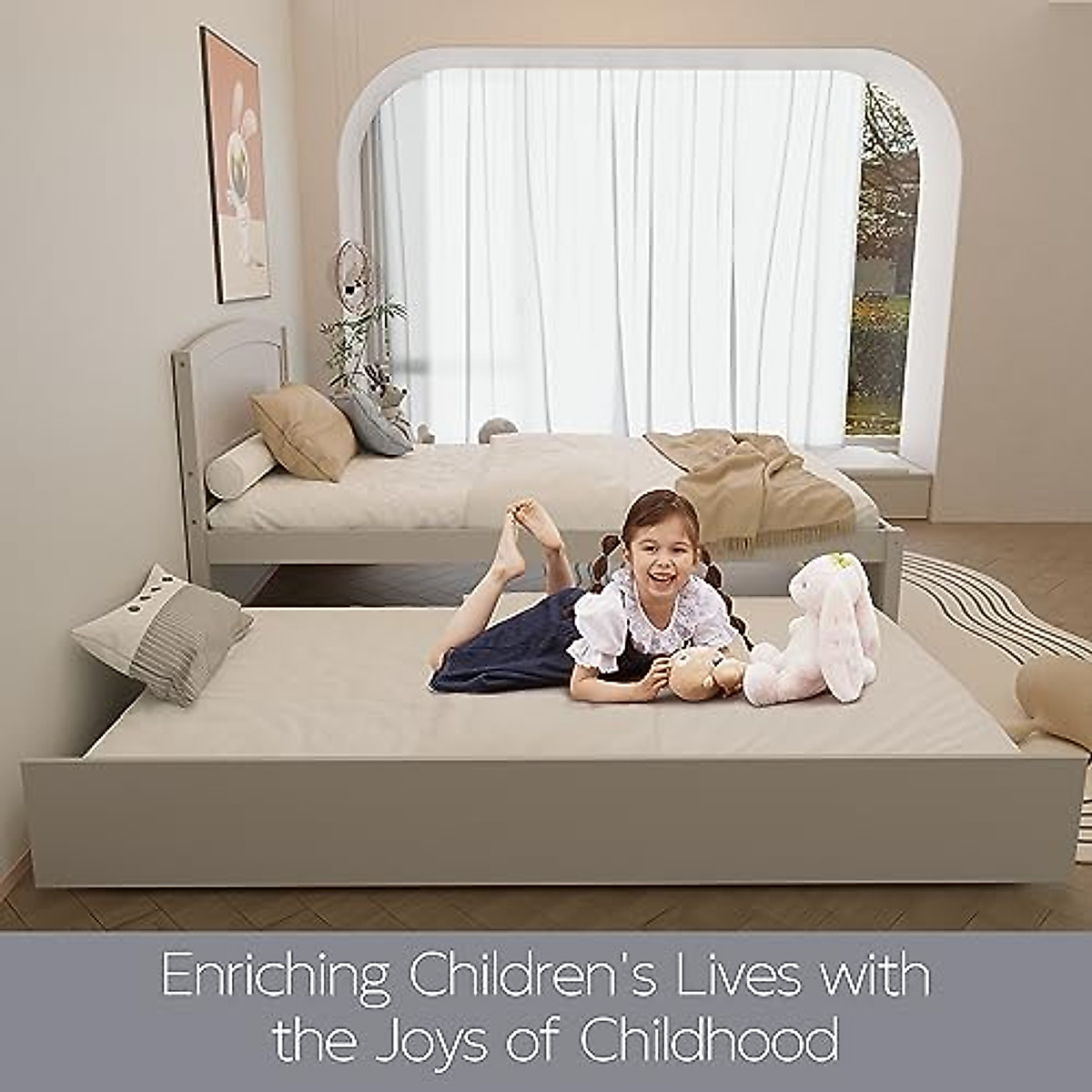 Xilingol Trundle Bed Twin, Solid Wood Bed Frames with Headboard and Wooden Slats Support, Twin Trundle Bed Frame Roll Out, Single Box Bed (No Box Spring Needed), Grey