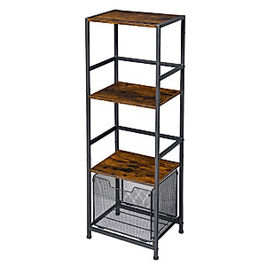 4-Tier Standing Storage Shelves, Narrow Shelving Unit for Small Places, Metal Wood Combination Storage Shelf Rack with Wire Basket,Adjustable Utility Shelf for Bathroom Kitchen Laundry Garage