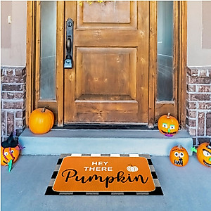 Hey There Pumpkin Door Mat 2 Pcs Fall Welcome Mat with Buffalo Plaid Rug Fall Decor - Autumn Thanksgiving Halloween Front Porch Entryway Outdoor Entrance Doormat