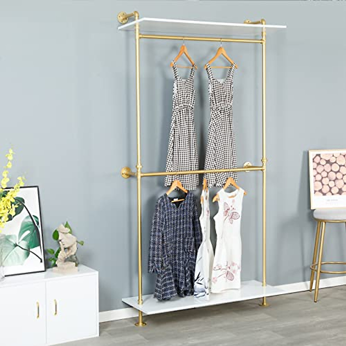 MDEPYCO Modern Simple Industrial Pipe Double Hanging Rods Clothing Rack,Retail Display Wall Mounted Storage Clothes Hanging Shelf,2 Tier Wood Garment Rack (One Shelves,Gold, 47.2" L)
