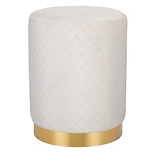 BIRDROCK HOME Round Cream Velvet Ottoman Foot Stool with Lattice Design – Soft Compact Padded Stool – Gold Trim - Great for The Living Room or Bedroom – Decorative Furniture – Foot Rest
