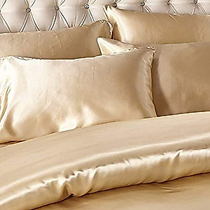 3 Piece Duvet Cover Set (1 Duvet Cover + 2 Pillow Shams) Satin Silk Honeymoon Sexy Luxury 100% Super Soft Microfiber Bedding Collection (Gold, Queen)