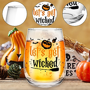 2 Pack Halloween Stemless Wine Glasses 15 Oz Pumpkin Drinking Wine Glass Cups Let's Get Wicked Wine Glass Tumbler for Halloween Party Whiskey Cocktail Tea Water Juice (LET'S GET WICKED)