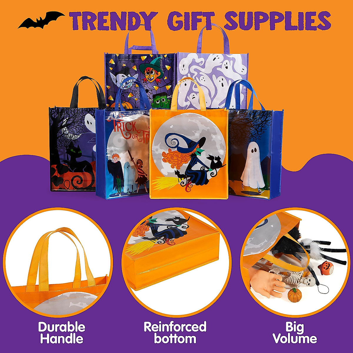 JOYIN 12 Halloween Large Treat Goody Tote Bags 17” x 15” for Halloween Trick or Treat Candy Bags, Gift Goodie Bags, School Classroom Bags, Party Favor Supplies