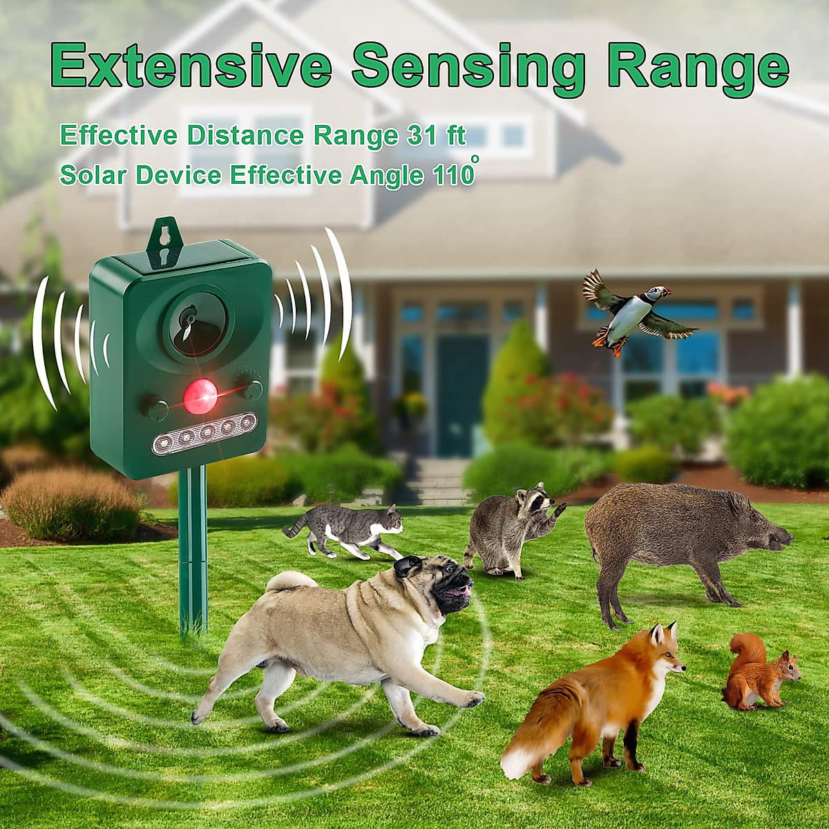Solar Animal Repeller, Ultrasonic Animal Deterrent Rodent Repeller for Cat, Dog, Squirrel, Deer, Fox, Outdoor Animal Repellent with Motion Sensor and Led Light Alarm, Protect Yards, Lawn Gardens